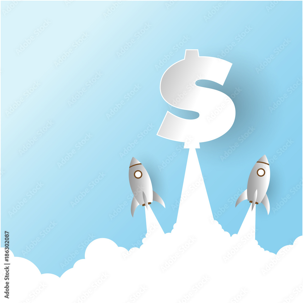 Vector of rocket launch with dollar sign. Rocket ship in a flat style ...