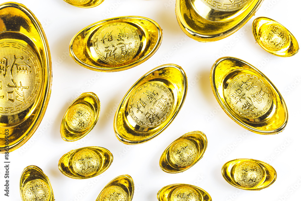 Chinese new year ornament.Decoration of chinese gold ingots in isolated ...