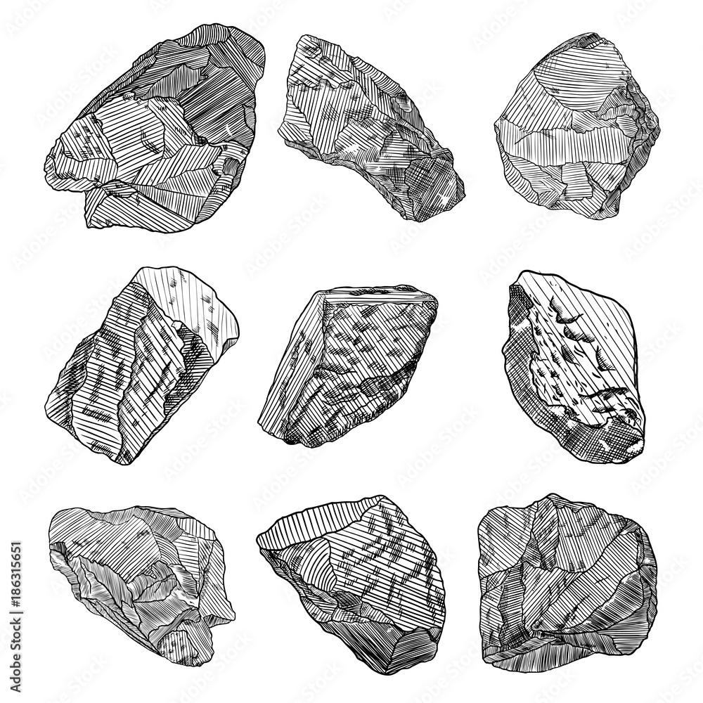 Stones hand drawn sketches set. Stones and rocks in drawing hatching ...