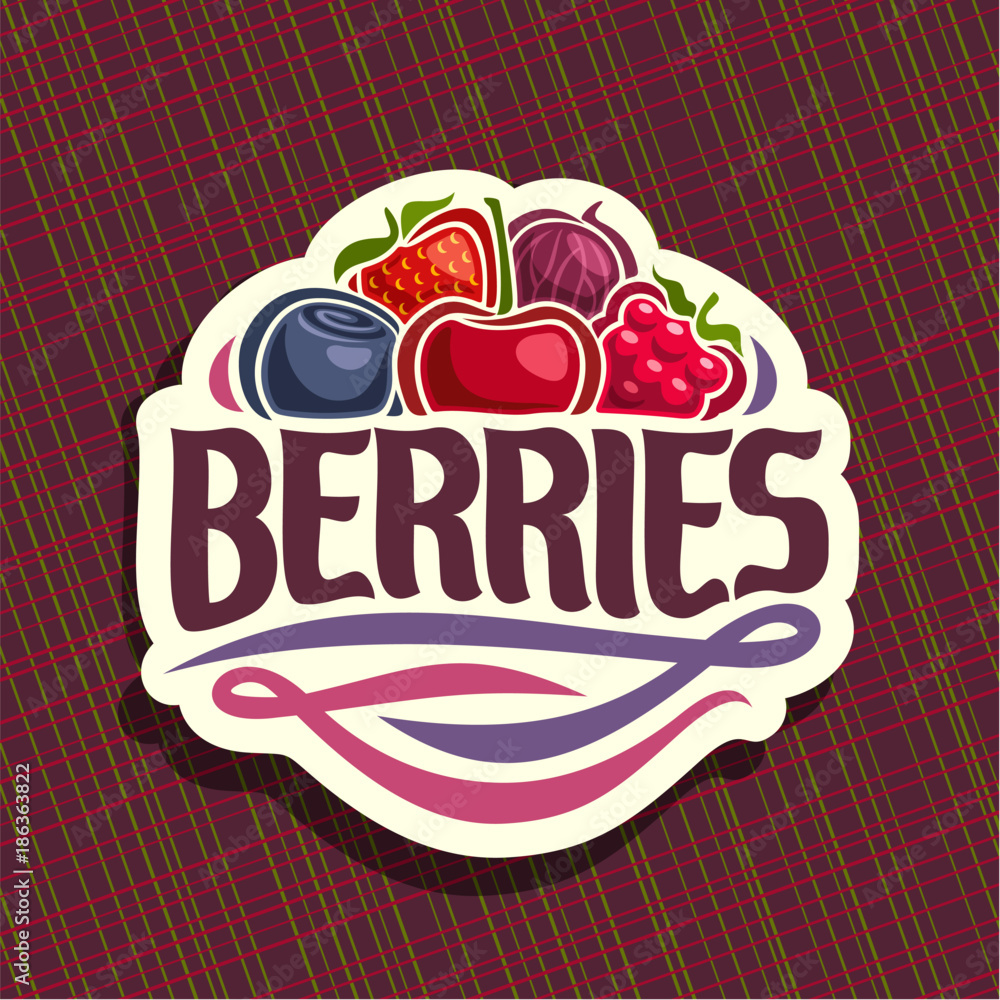 Vector logo for Berries, cut sign with fresh strawberry, red gooseberry ...