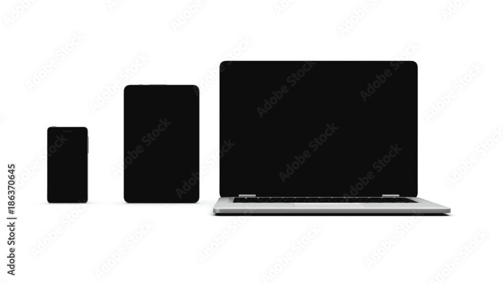 Modern laptop, tablet and smartphone with green screen. Animation on ...