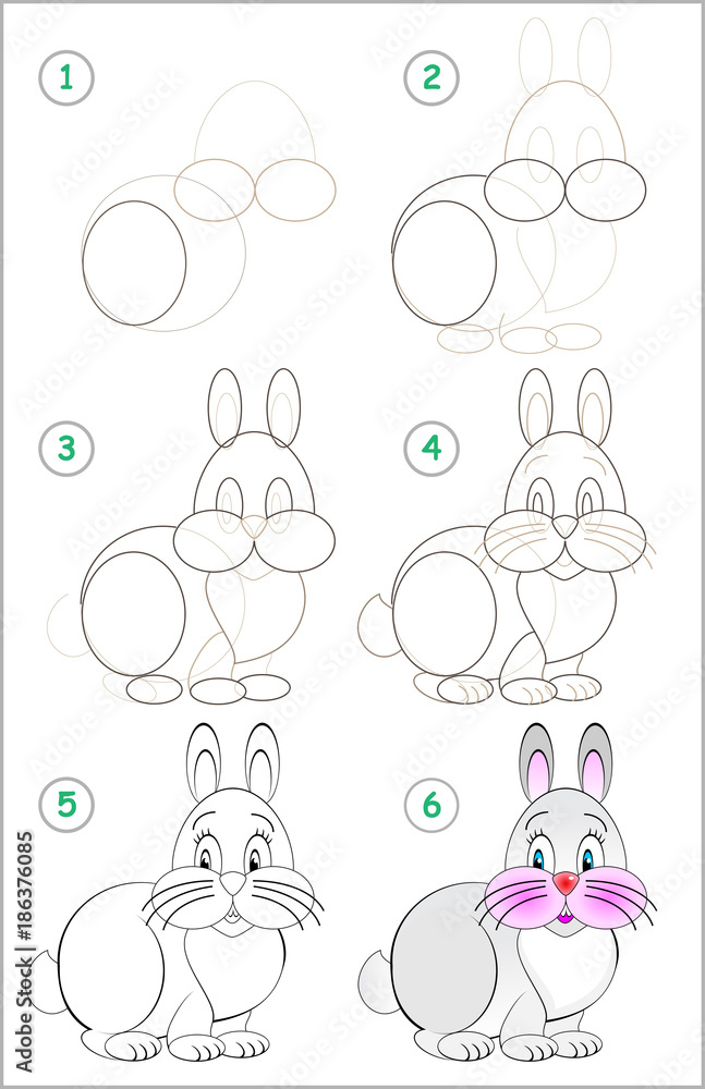 Page shows how to learn step by step to draw a funny rabbit. Developing ...