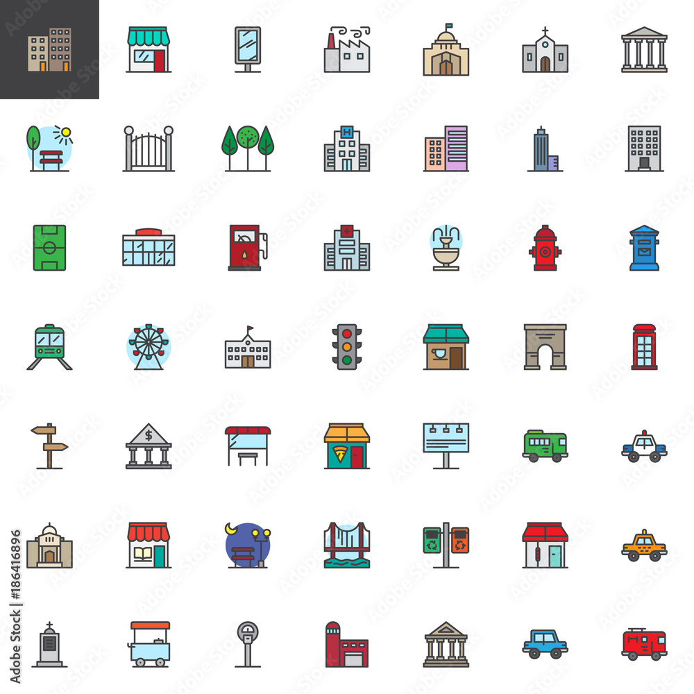 City buildings and transportation filled outline icons set, line vector ...