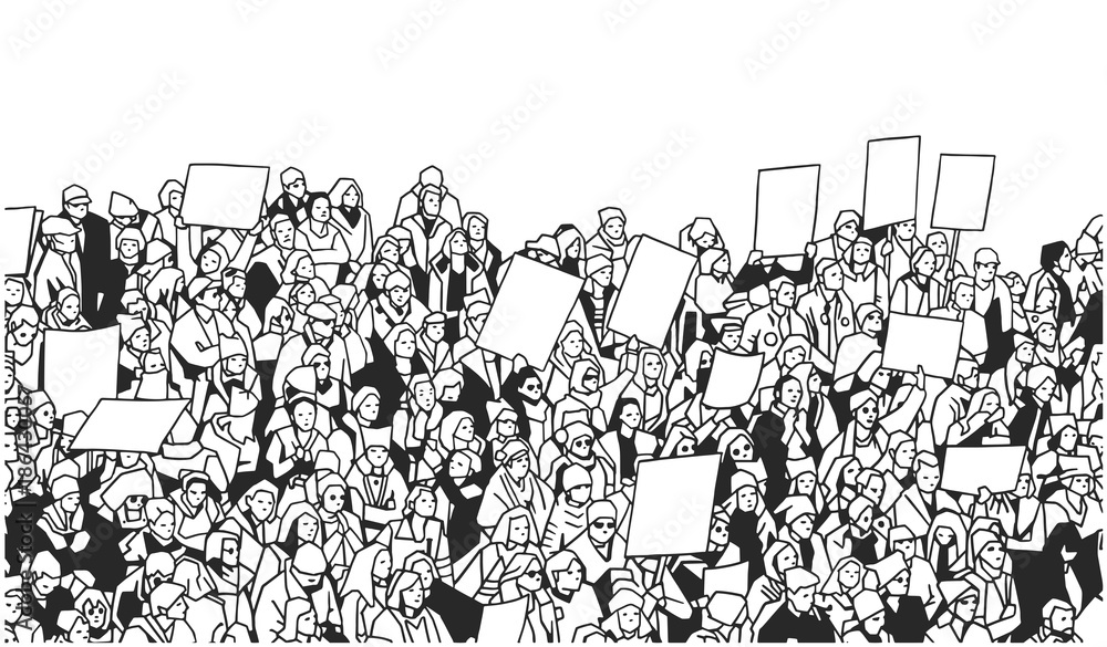 Black and white illustration of large crowd protest with blank signs ...