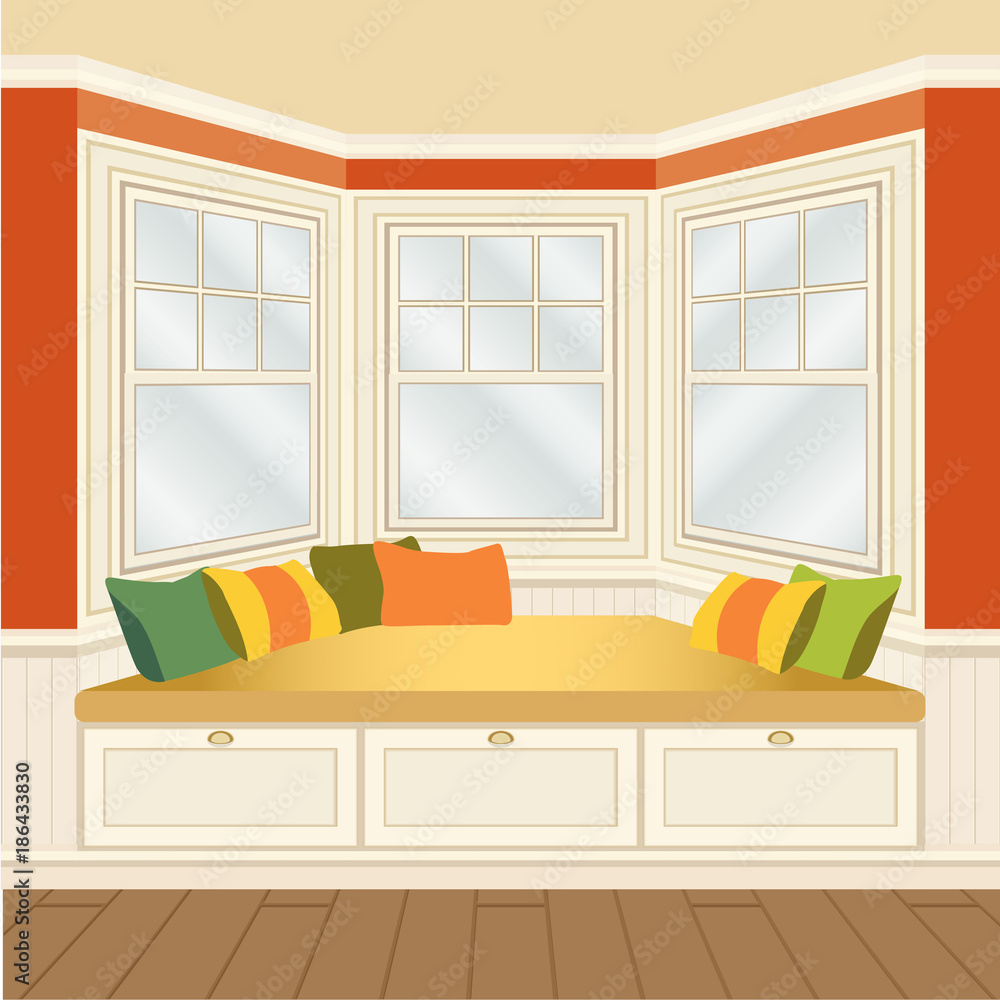 Classic room interior with windows and soft window seat. Vector ...