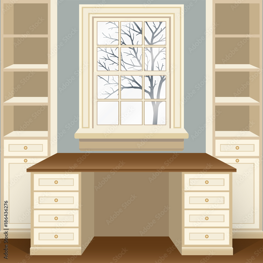 Traditional home office bay window. White table with wooden table board ...