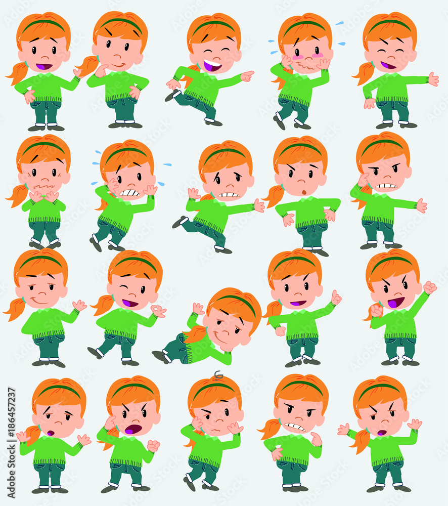 Cartoon character white girl with sweater. Set with different postures ...