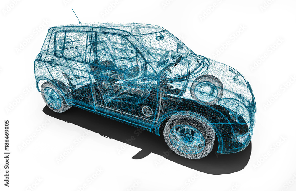 car development process / 3d render image of an car in wire frame ...