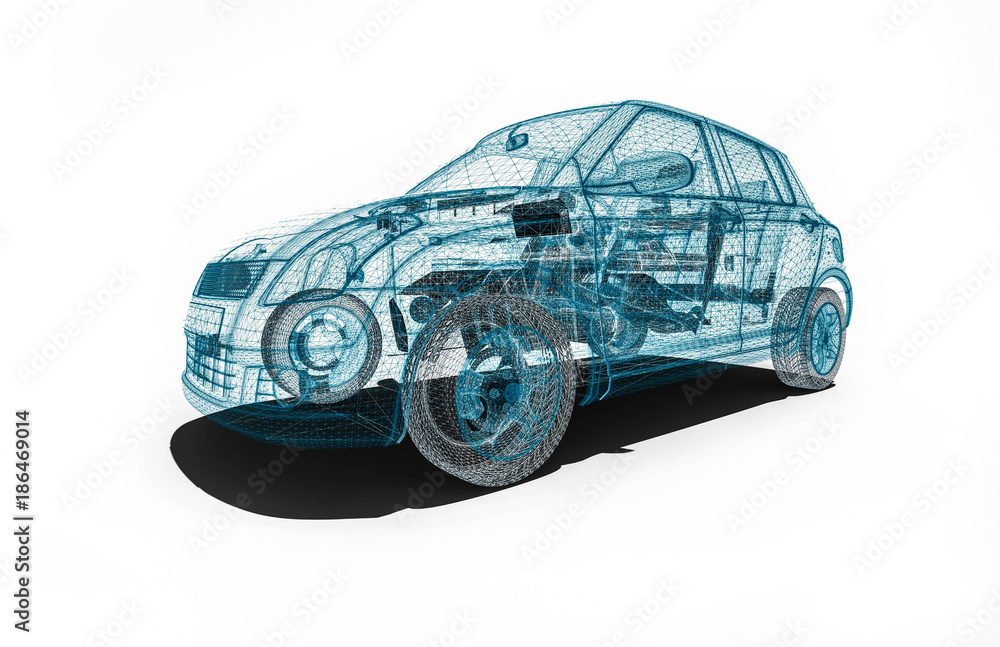 car development process / 3d render image of an car in wire frame ...