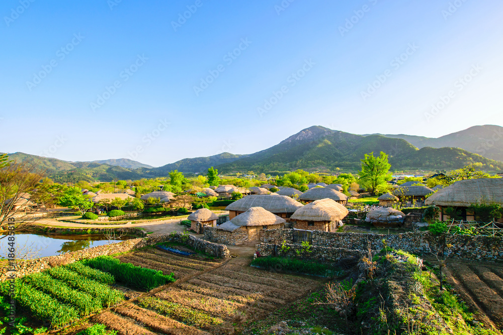 Beautiful green in spring morning of Naganeupseong Folk Village in ...