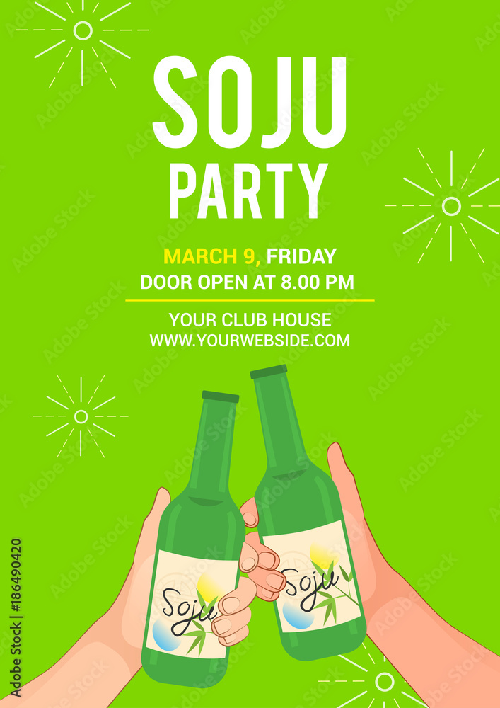 Soju Party Poster vector illustration, Cheers! Soju glass bottles ...