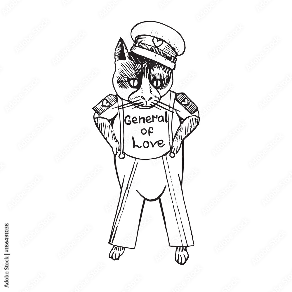 Cartoon character of funky cat in soviet military form with inscription ...