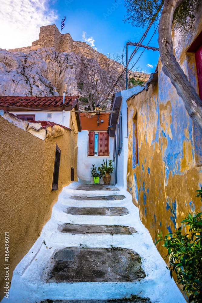 Street of Anafiotika in the old town of Athens, Greece. Anafiotika is ...