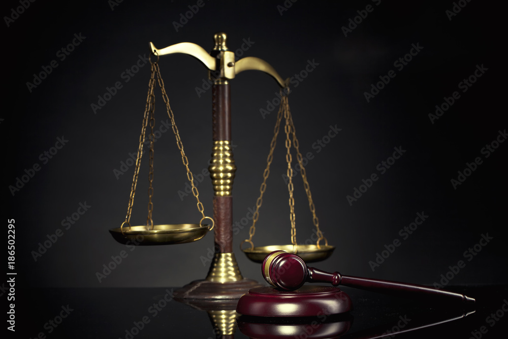Poster Wooden Judges gavel ,golden scales of justice. Legal office ...