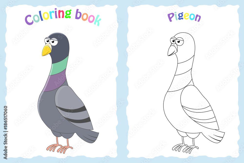 Coloring book page for preschool children with colorful pigeon and ...