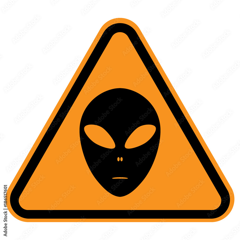 WARNING ALIENS sign. Martian head silhouette in yellow and black ...