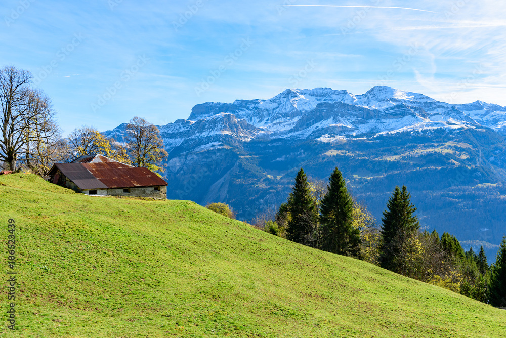 Panoramic view of lake Brienz & Swiss alps from classic old red train ...