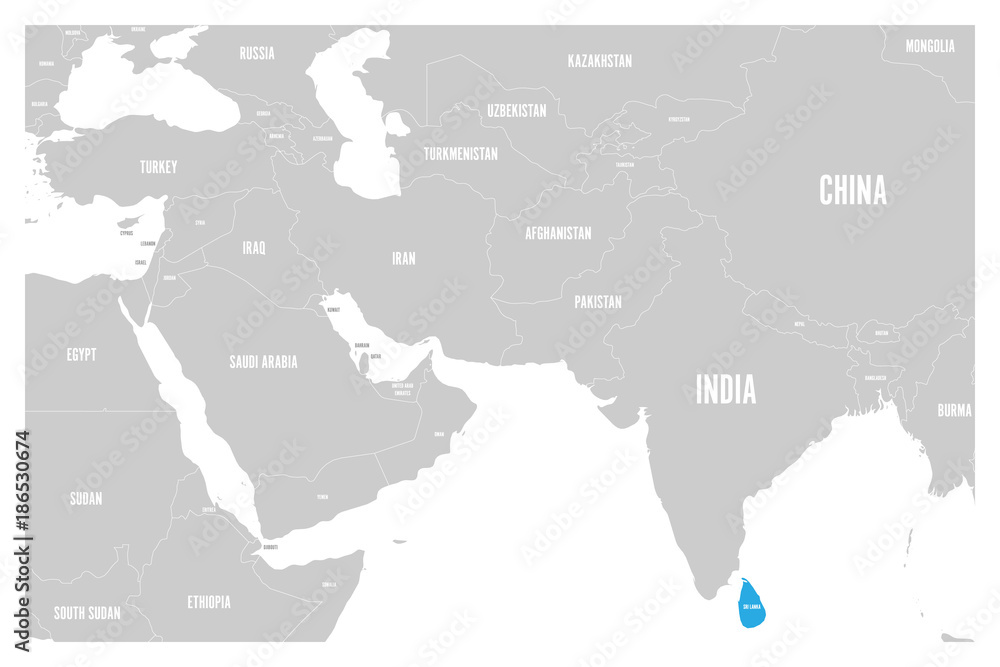 Sri Lanka blue marked in political map of South Asia and Middle East ...