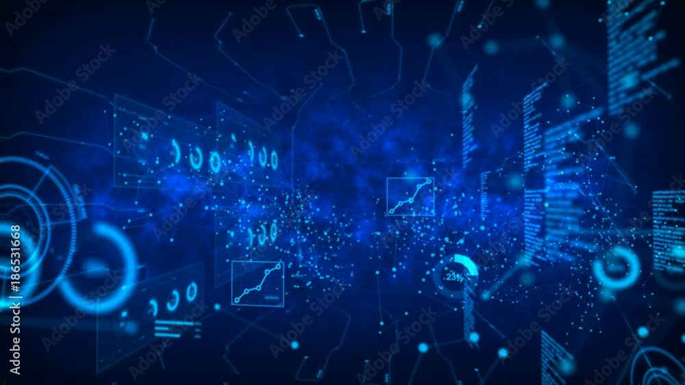 4K Animation Dot circle with connection line with HUD graph bar element ...