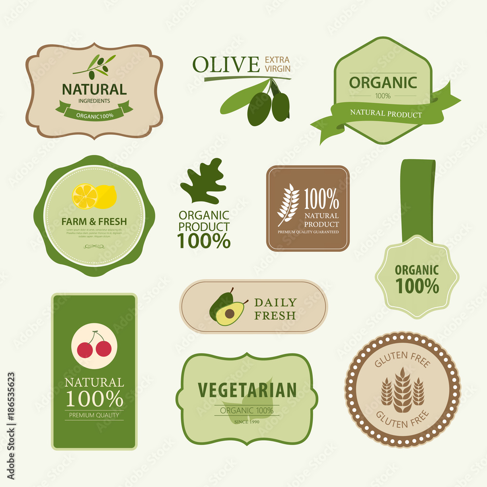 set of natural label and organic label green color. vintage labels and ...