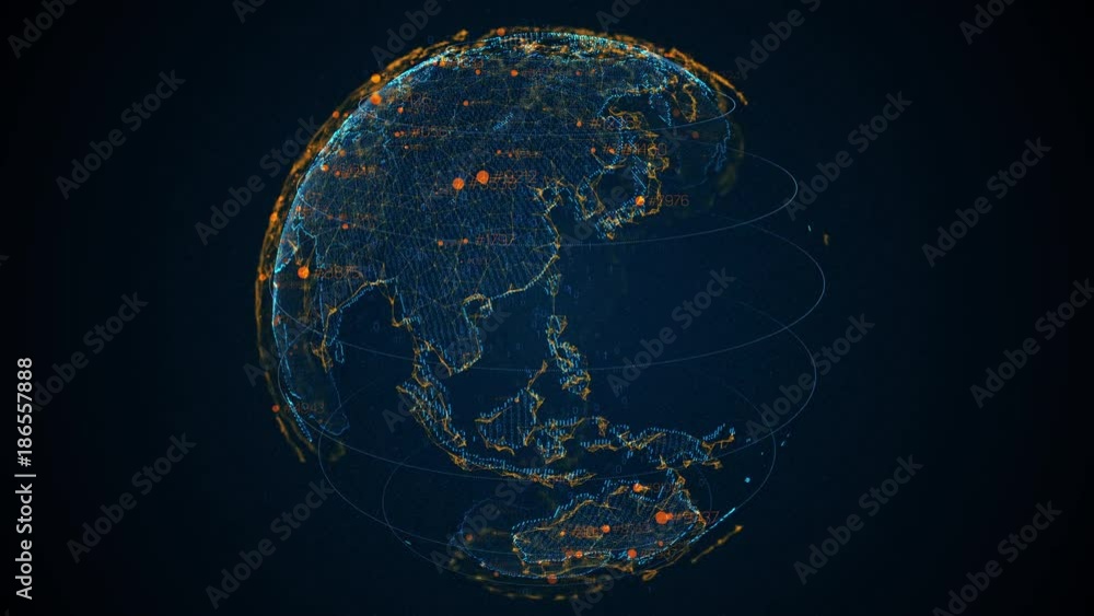 Pixel blue 3D planet Earth with big data animation. Rotating globe ...
