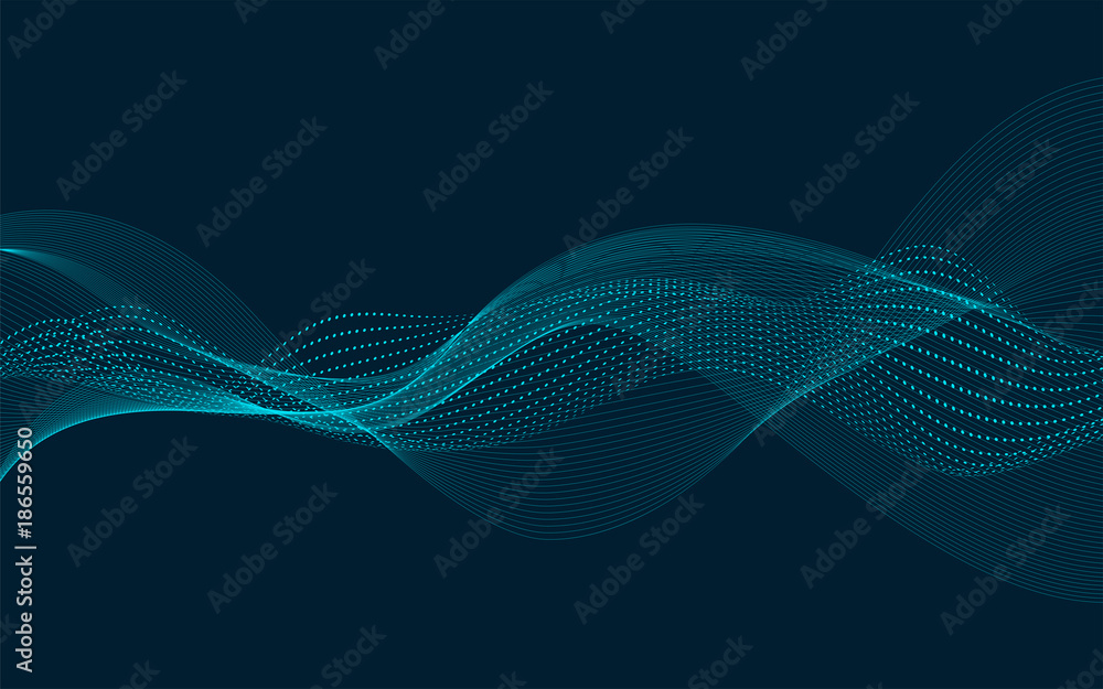 Abstract vector wave flow. Sound oscillation design. Flowing particles ...