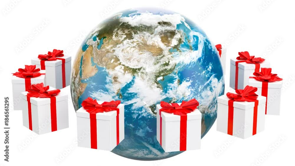 Earth Globe with presents rotating around. Global Christmas and New ...
