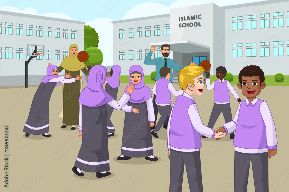 Muslim Children Playing in School Playground During Recess Stock Vector ...