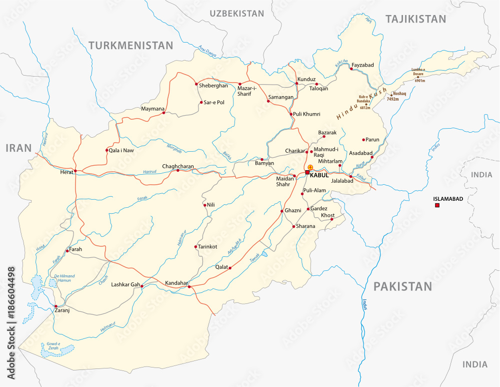 Afghanistan vector road map with important cities Stock Vector | Adobe ...