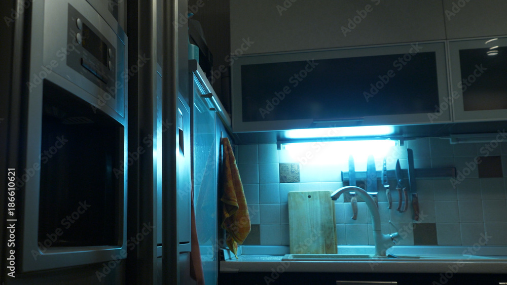 Modern kitchen interior, working desk with ingredients and utensils ...