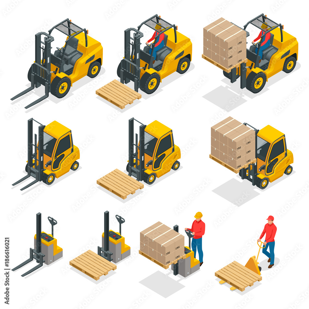 Isometric vector forklift truck isolated on white. Storage equipment ...