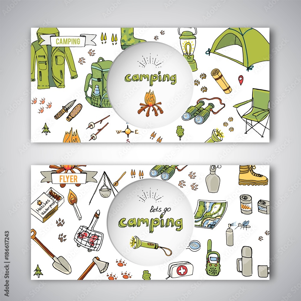 Card templates of hand drawn set with camping equipment symbols, icons ...