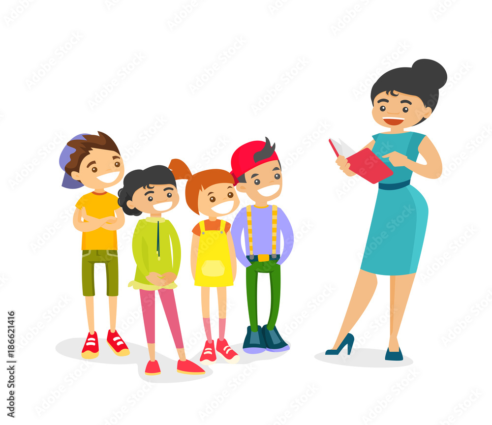 Young Caucasian white teacher reading a story book to a group of ...