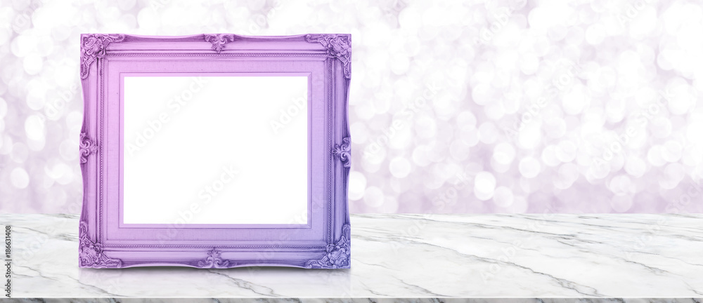 Blank violet gradient vintage photo frame on white marble table top ...