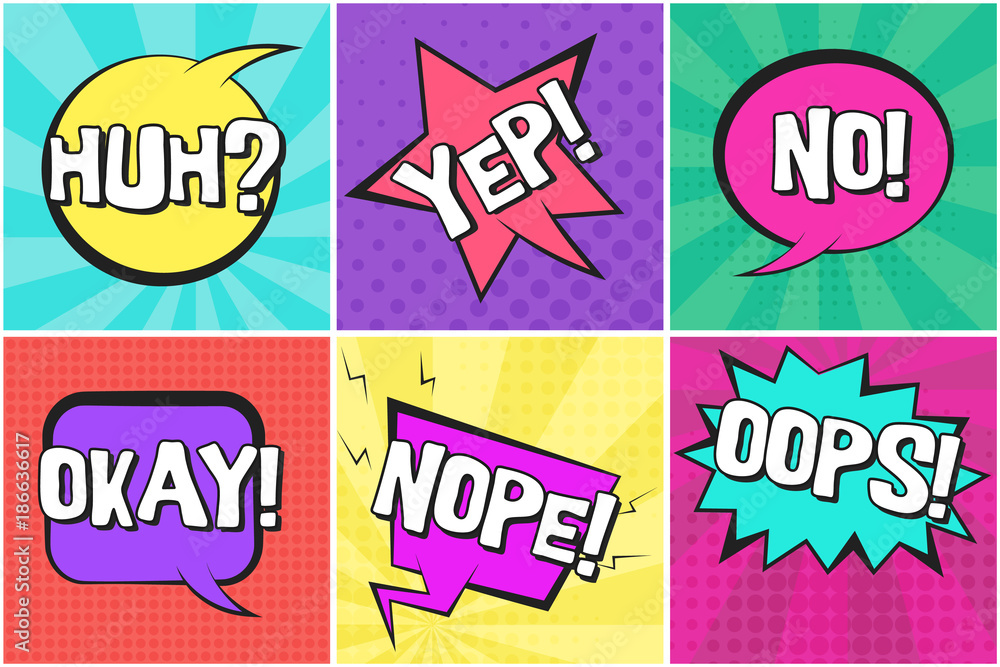 Bright colorful contrast retro comic speech bubbles set with YEP, NOPE ...