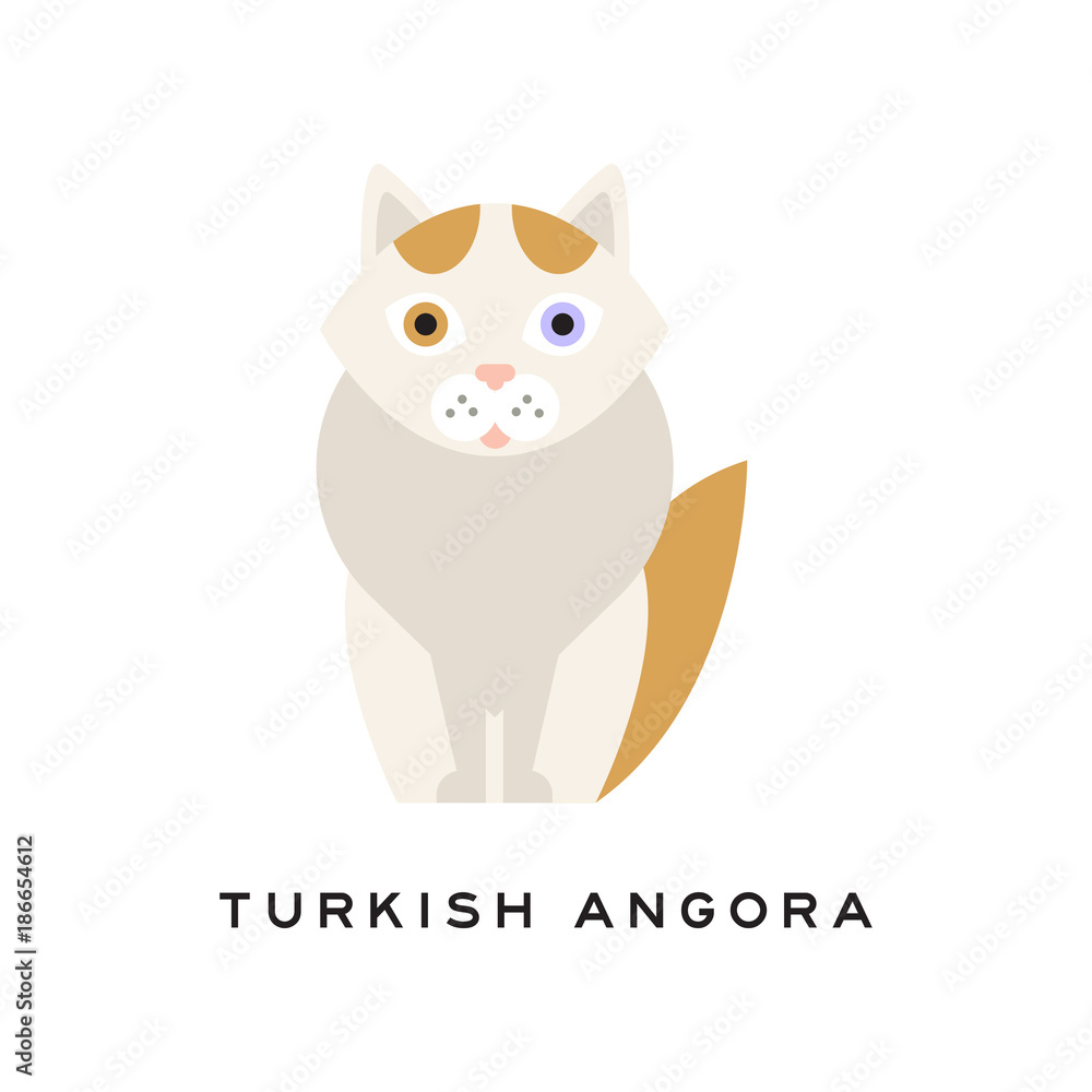 Turkish angora cat. Cartoon domestic animal with white fur, red ...