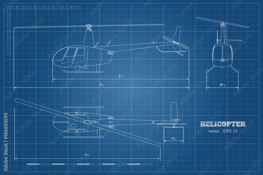 Blueprint of helicopter. Top, front and side view. Detailed image of ...