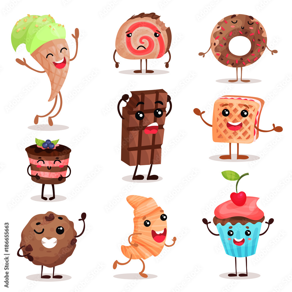 Funny dessert characters set, cute smiley sweets cartoon vector ...