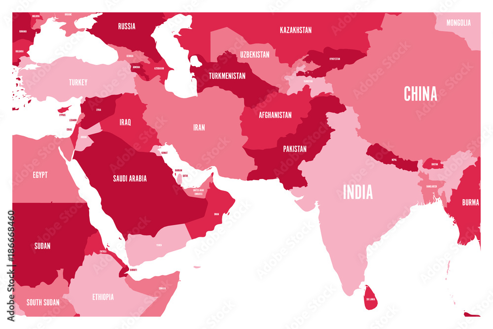Political map of South Asia and Middle East countries. Simple flat ...