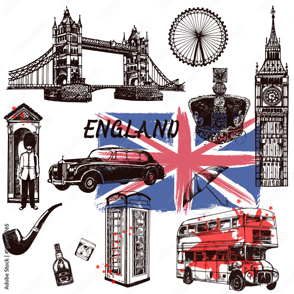 Set of hand drawn sketch style England themed objects. Vector ...