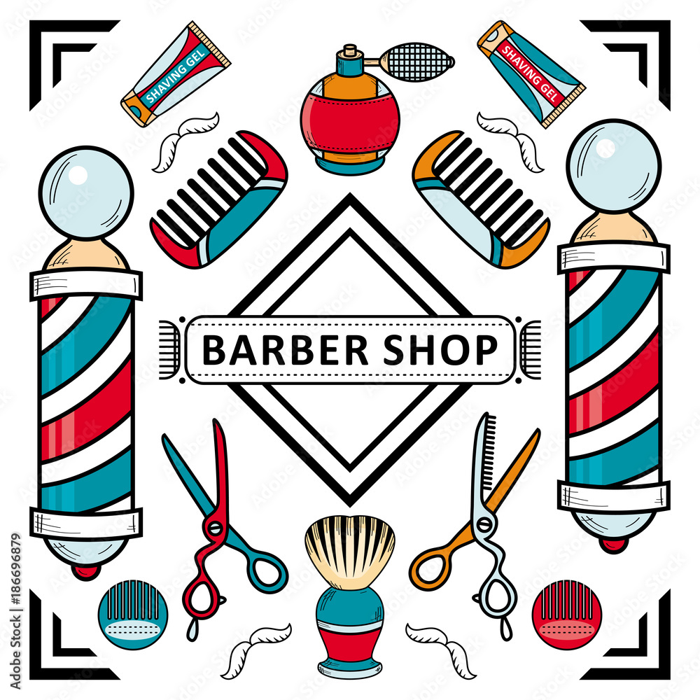 vector flat barber shop poster with tools set. scissors, comb, shaving ...