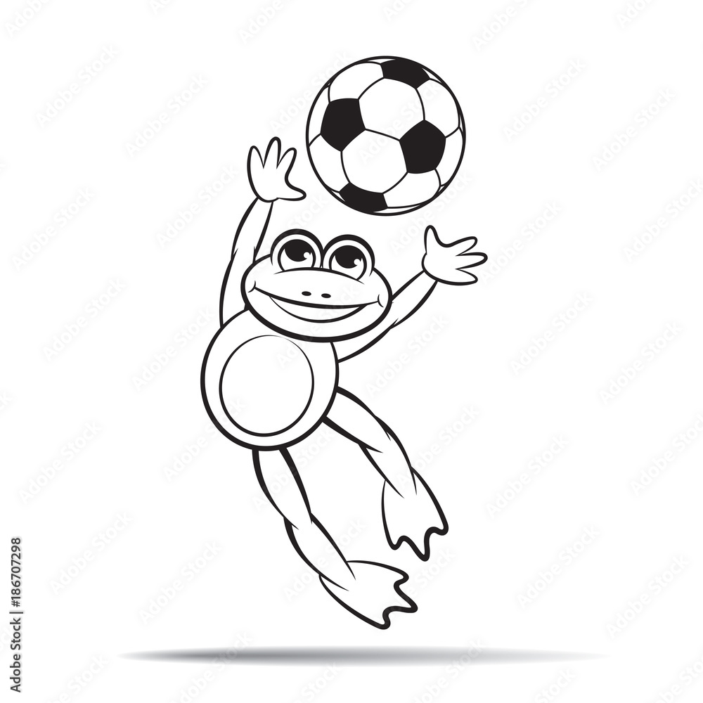 black outline frog cartoon or mascot jumping and catching football ...