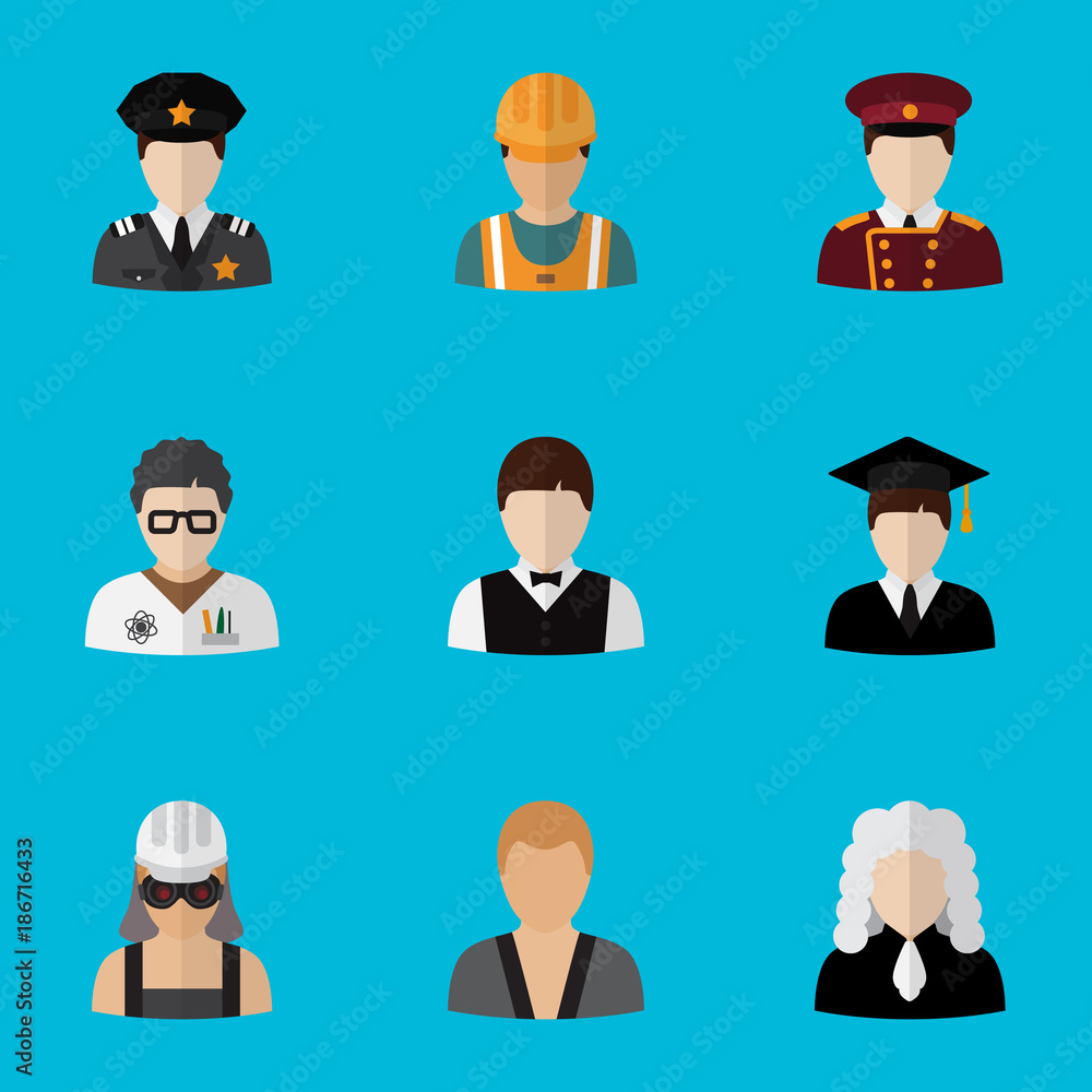 Set of 9 editable profession icons flat style. Includes symbols such as ...