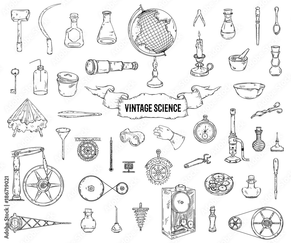 Vintage science objects set in steampunk style. Scientific equipment ...