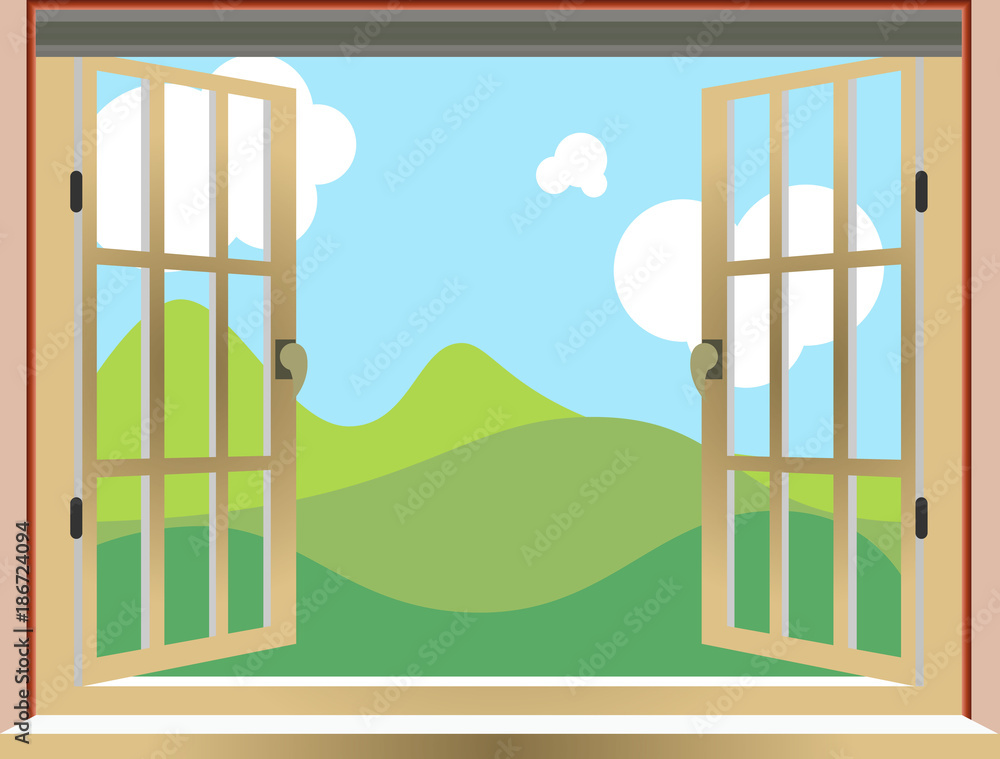 Illustration of an open window, nature view, cartoon, Stock Vector ...