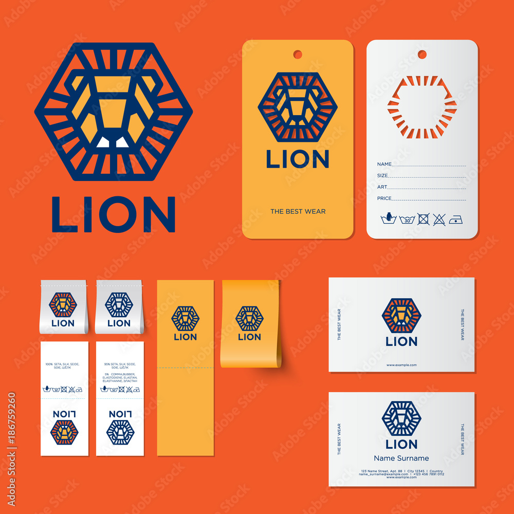 Lion logo. Kids wear emblems. Letters and a head of lion in a hexagon ...