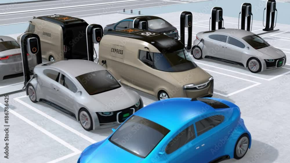 Blue car driving through parking lot which equip with electric vehicle ...