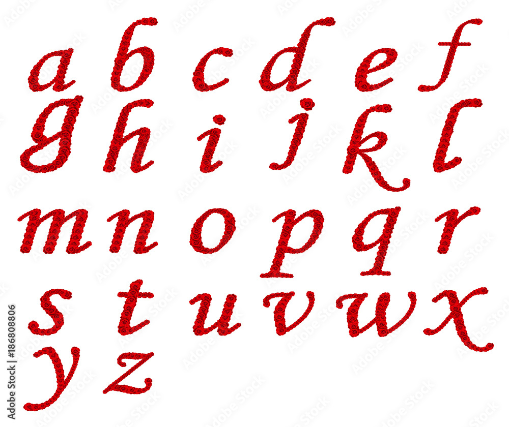 Rose alphabet - English alphabet made from red rose blossoms on white ...