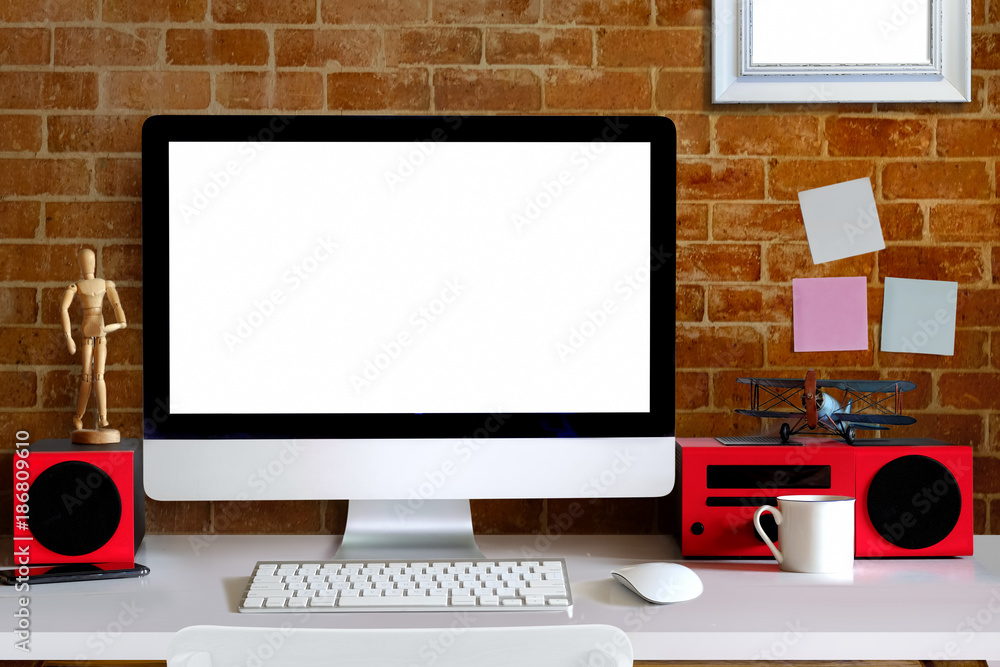 Mock up workspace with modern desktop computer, office supplies, toy ...