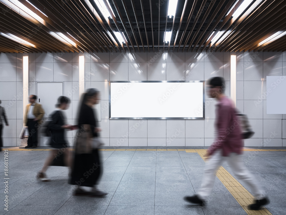 Mock up Banner signage display in Public building People walking Stock ...